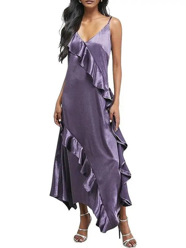 WAREHOUSE Metallic Satin Ruffle Slip Midi Dress - Mauve