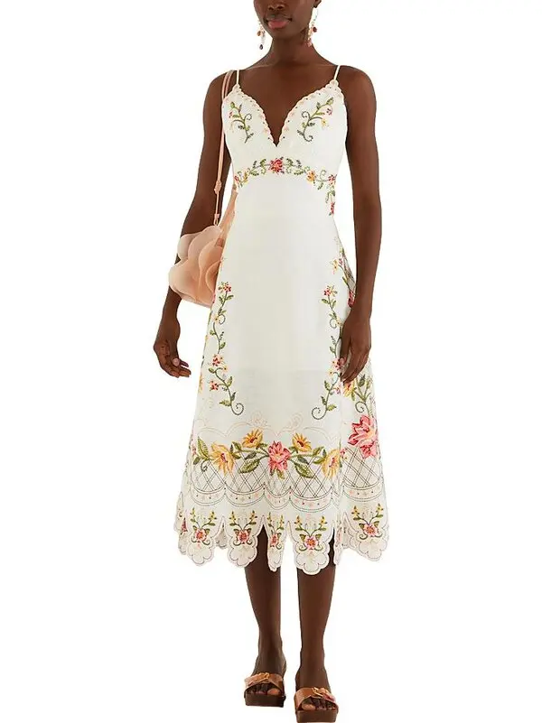 Farm Rio Embroidered Midi Dress - Off-white