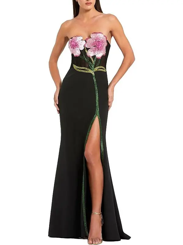 Mac Duggal Strapless Sheer Bustier Crystal Flower Gown - Black