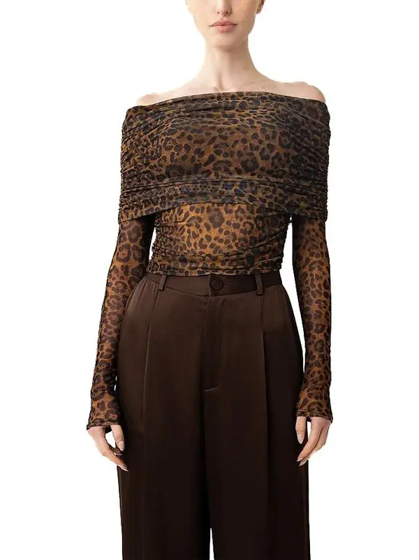Lapointe Printed Mesh Off-the-shoulder Top - Leopard