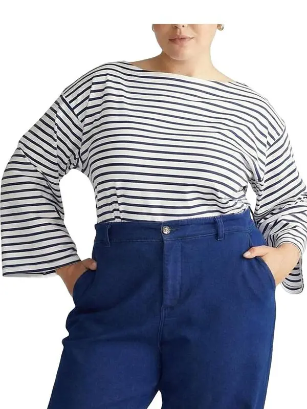 Universal Standard Montauk Breton Stripe Bell Sleeve Top - White/cenote Stripe