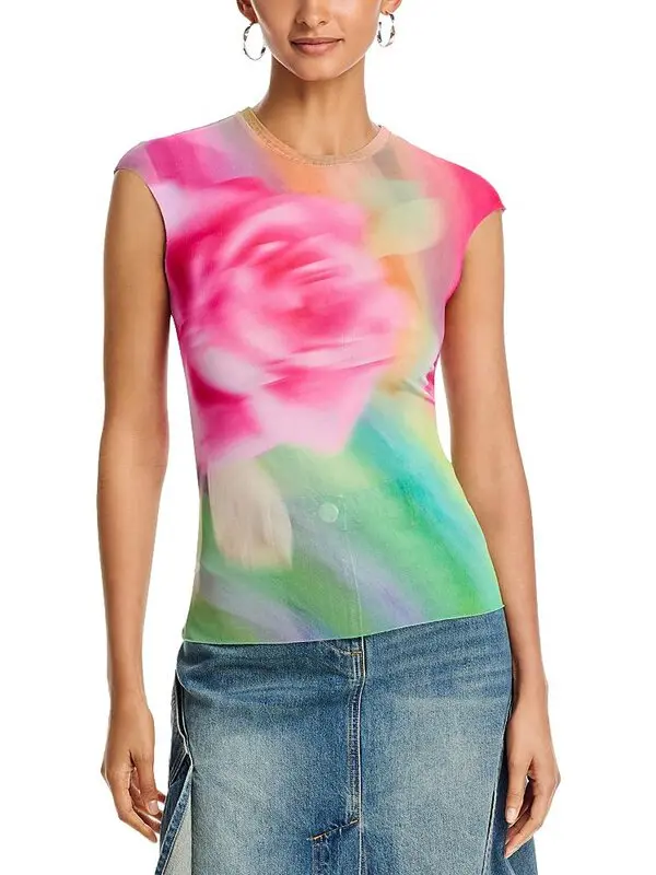 AFRM Nina Floral Print Mesh Top - Green Rose