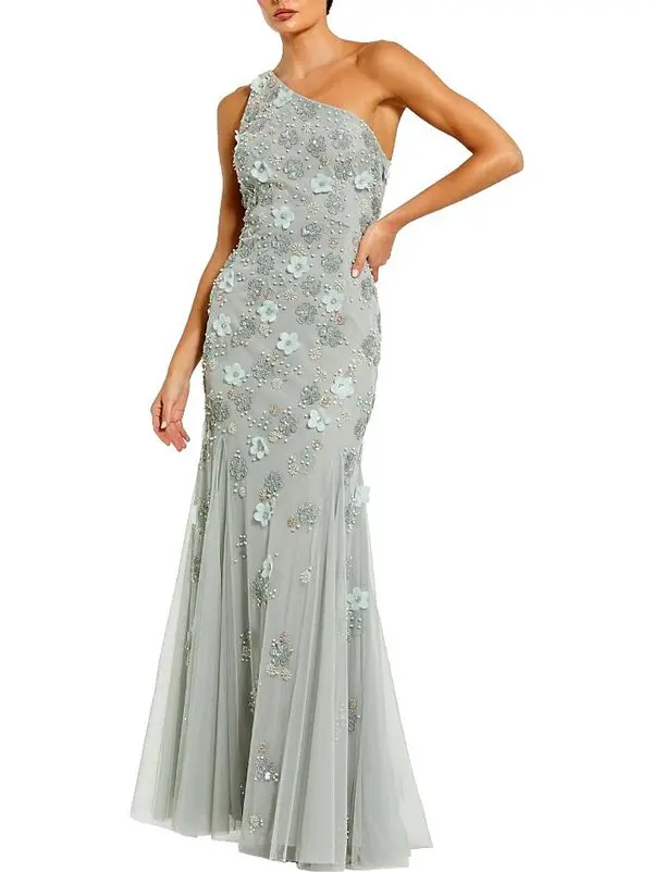 Mac Duggal Embellished One-shoulder Trumpet Gown - Sage