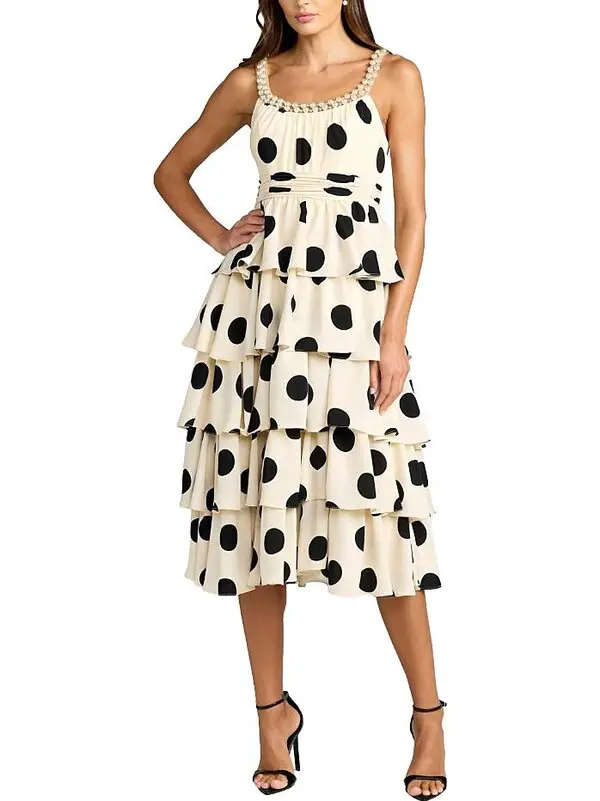Mac Duggal Polka Dot Charmeuse Scoop Neck Ruffle Midi Dress - Black Ivory