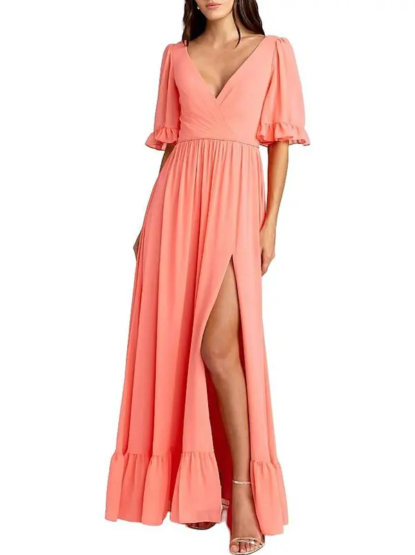 Mac Duggal V-neck Flutter Sleeve Chiffon Faux Wrap Maxi Gown - Coral