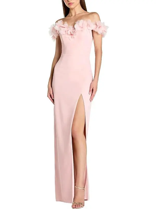Mac Duggal Off-the-shoulder Column Gown With 3d Flowers - Dusty Rose