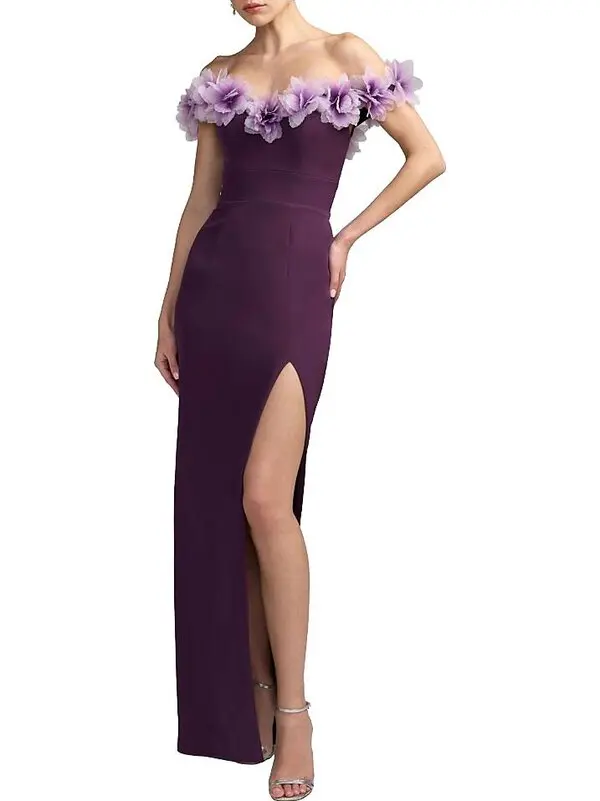 Mac Duggal Off-the-shoulder Gown With 3d Floral Applique - Plum