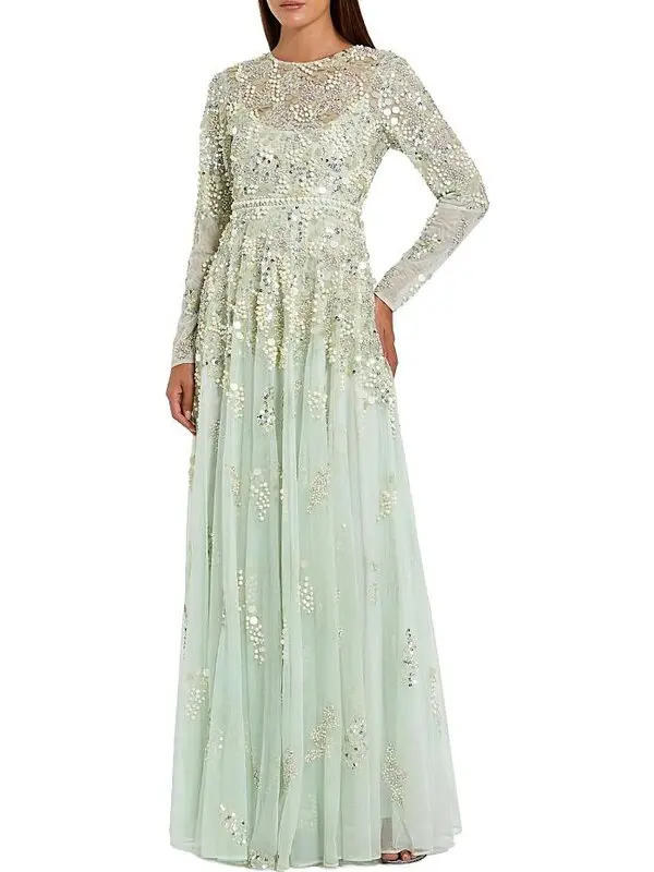 Mac Duggal Long Sleeve Sequin And Pearl Embellished Gown - Sage