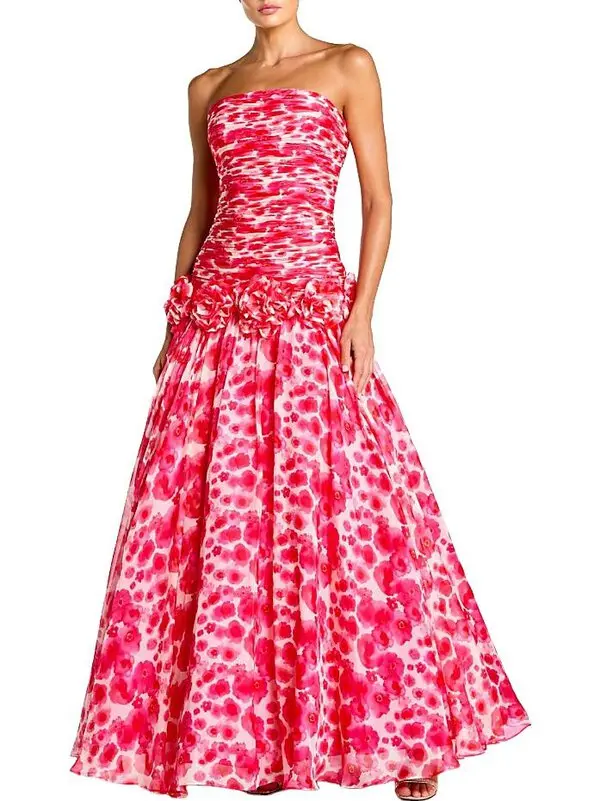 Mac Duggal Printed Chiffon Strapless Drop Waist Ballgown - Grapefruit Multi