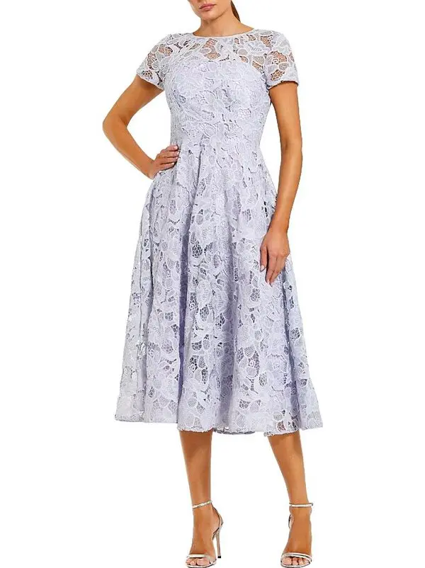 Mac Duggal Short Sleeve Lace A-line Midi Dress With Bow Embellishment - Lilac