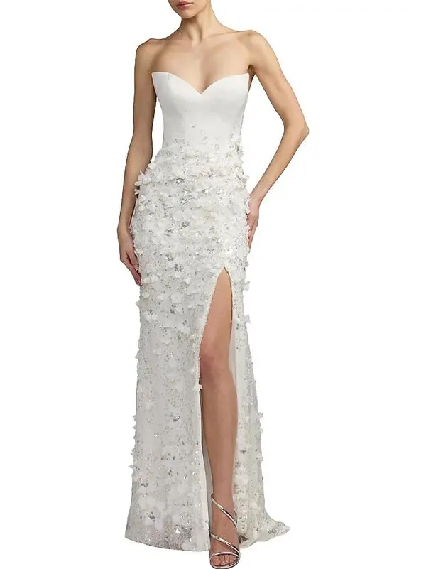 Mac Duggal Floral Satin Strapless Sweetheart Gown With Slit - Ivory