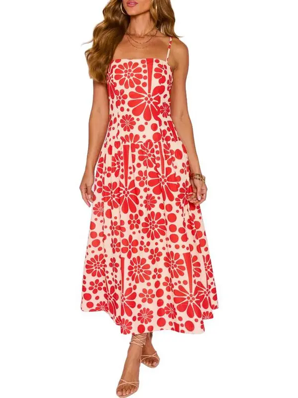VICI Meadows Sleeveless Fit & Flare Maxi Dress - Cream/red