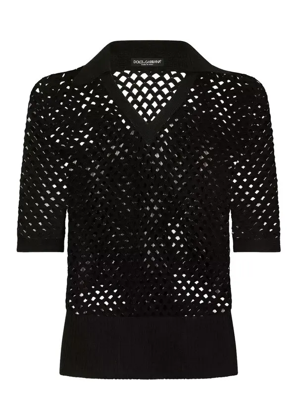 Dolce & Gabbana Open-knit Cotton Polo Shirt With Cut-out Detailing - Black