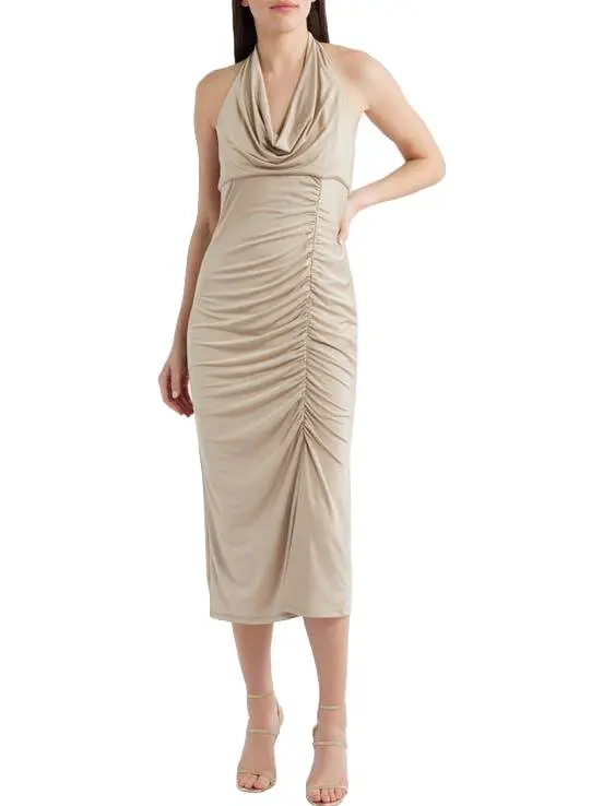 Julia Jordan Ruched Halter Neck Midi Dress - Gold