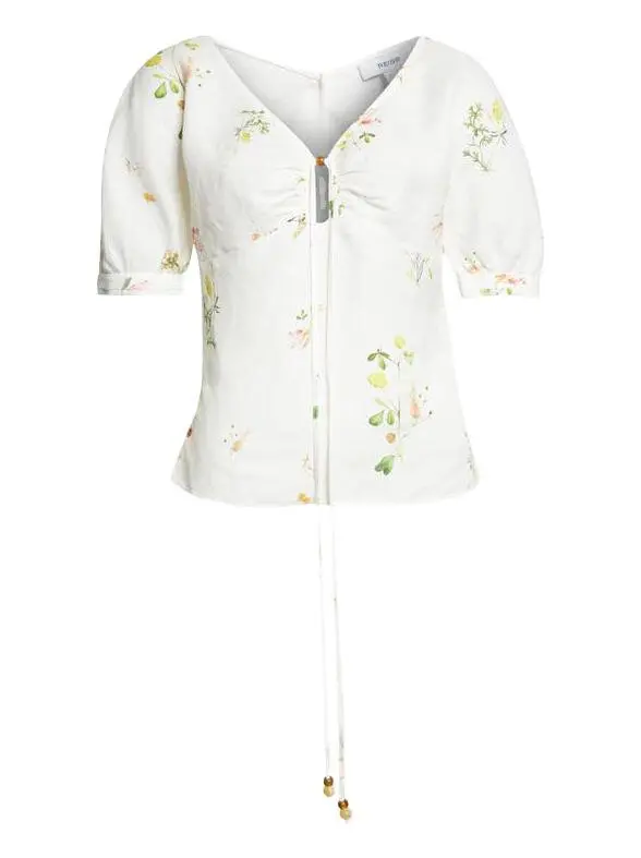 REISS Quinny Floral Linen Blend Top - Ivory