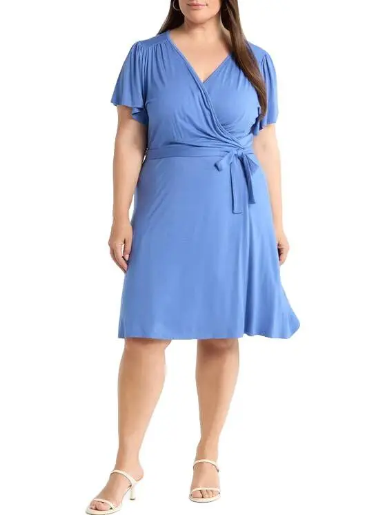 Loveappella Flutter Sleeve Faux Wrap Jersey Dress - Denim