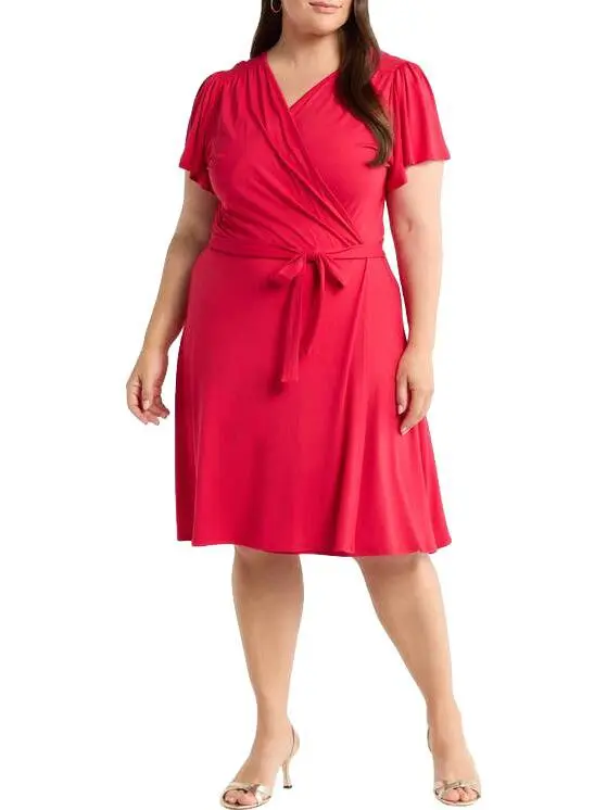 Loveappella Flutter Sleeve Faux Wrap Jersey Dress - Red