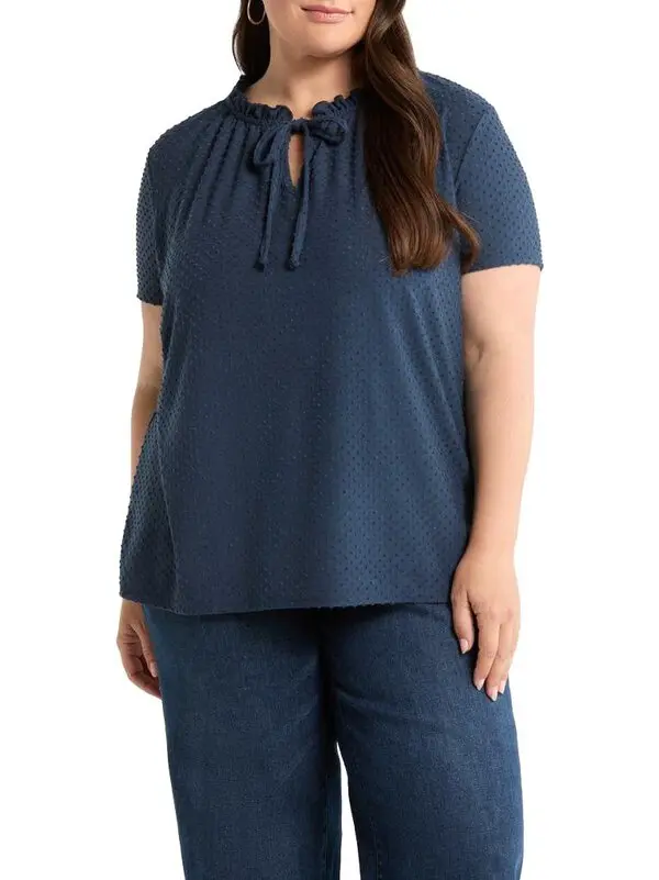 Loveappella Swiss Dot Blouson Top - Navy