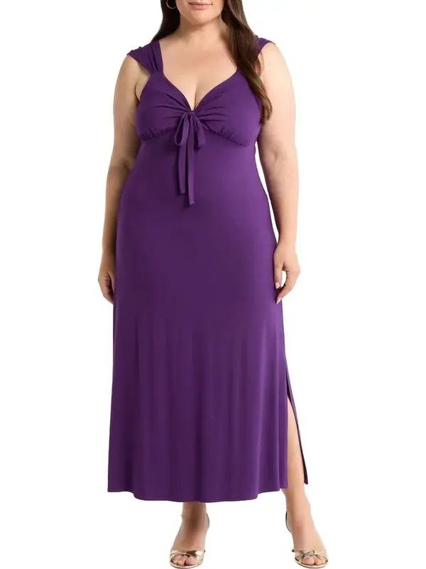 Loveappella Tie Front Jersey Maxi Dress - Dark Purple