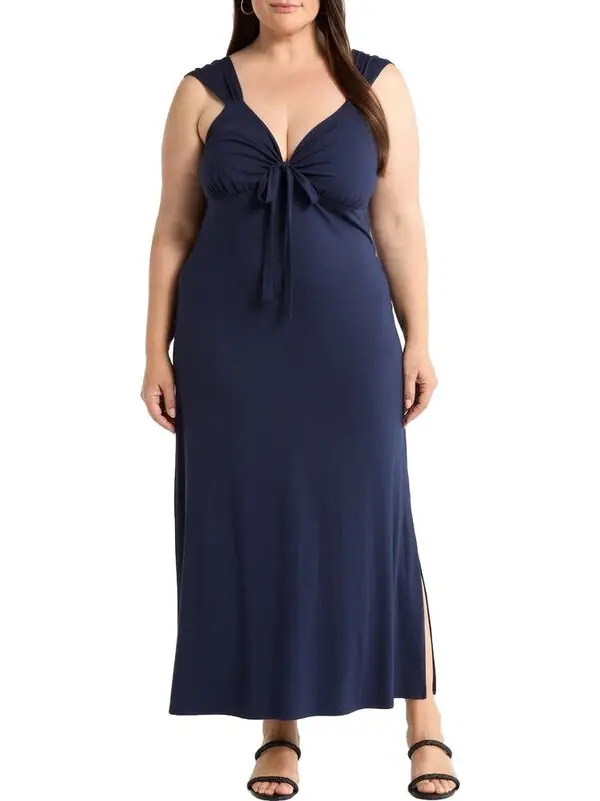 Loveappella Tie Front Jersey Maxi Dress - Navy