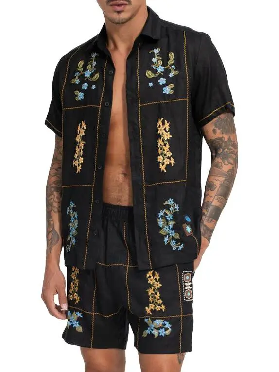 Agua Bendita Jack Linen Camp Shirt - Black Multi