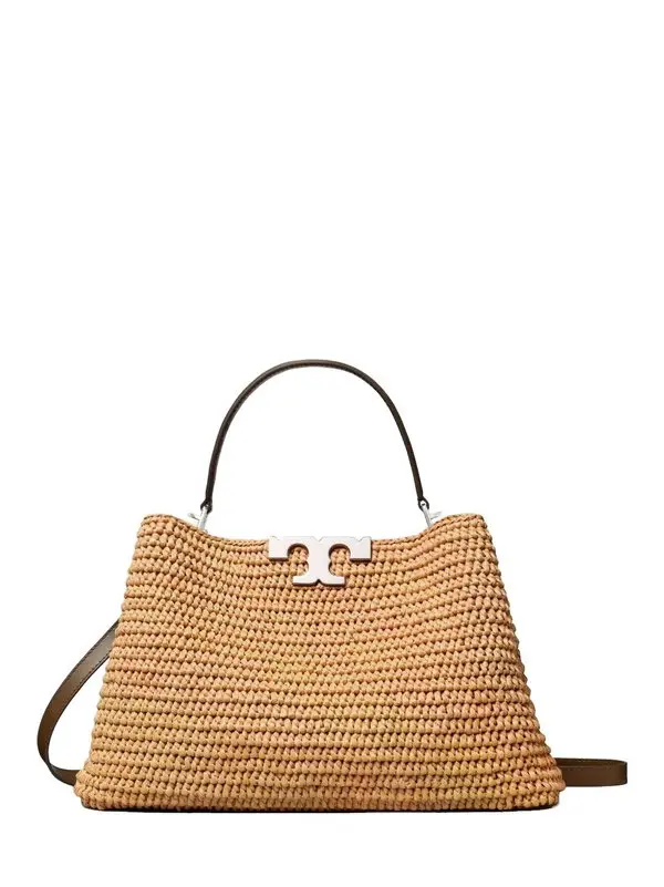 Tory Burch Eleanor Raffia Satchel With Leather Trim - Neutrals