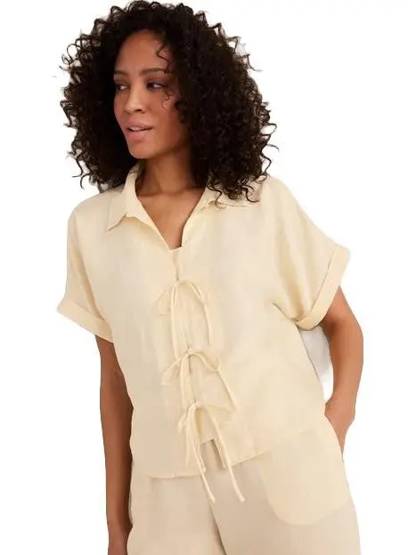 HAVEN WELL WITHIN Linen Tie-front Top - Corn Stalk