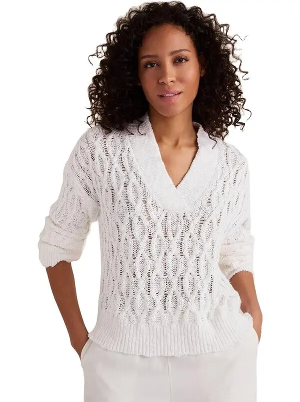 HAVEN WELL WITHIN Slubby Cotton Linen V-neck Sweater - White