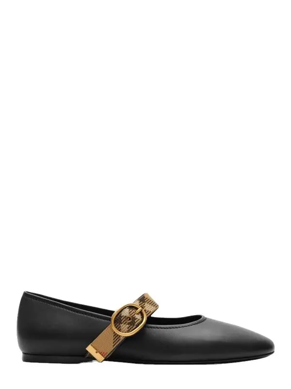 Burberry Check Strap Leather Ballerinas - Black
