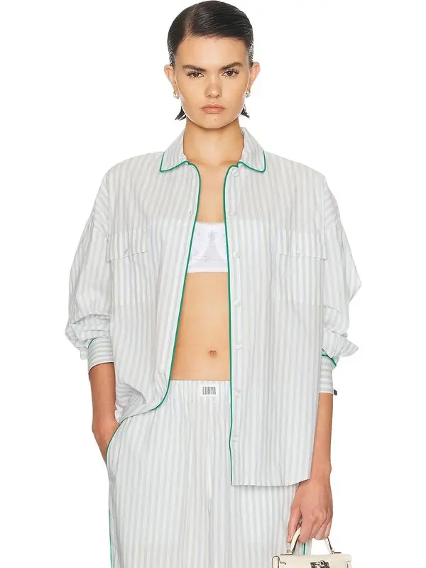 Lunya Airy Cotton Piped Button Down Shirt - Stillwater Stripe & Spring Clover