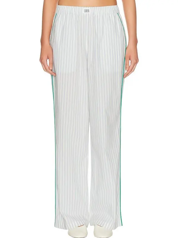 Lunya Airy Cotton Piped Wide Leg Pant - Stillwater Stripe & Spring Clover