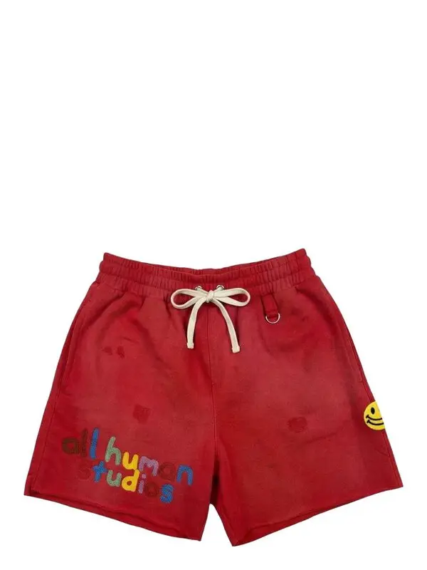 ALL HUMAN Embroidered Distressed Shorts - Red