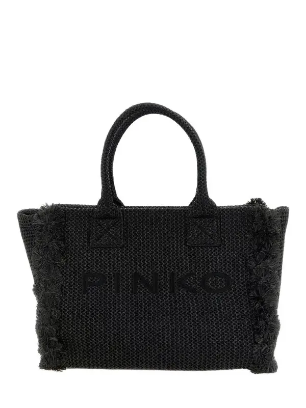 Pinko Raffia-effect Tote Bag With Fringe - Black