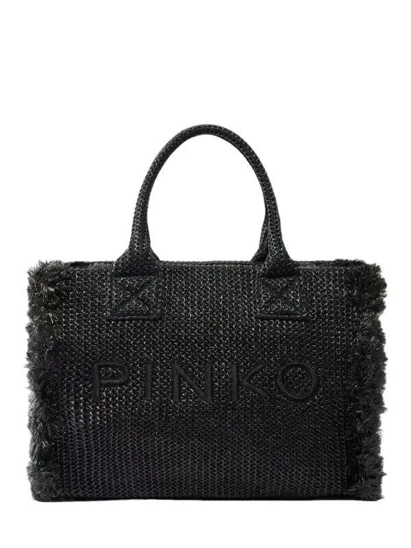 Pinko Raffia Beach Tote With Logo And Tassels - Black