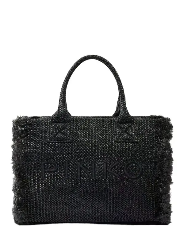 Pinko Raffia Beach Tote With Logo And Tassels - Black