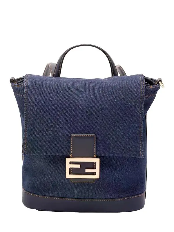 Fendi Ff-plaque Denim Backpack - Blue