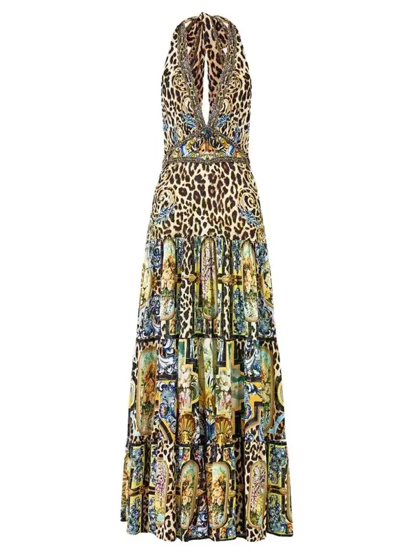Camilla Tiered Halterneck Maxi Dress - Neutrals