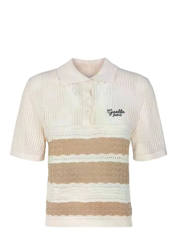 GAELLE Open-knit Striped Polo Shirt - Neutrals