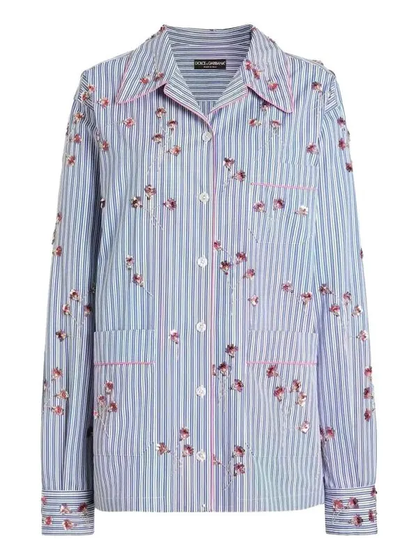 Dolce & Gabbana Poplin Shirt With Crystal Flower Embroidery - Blue
