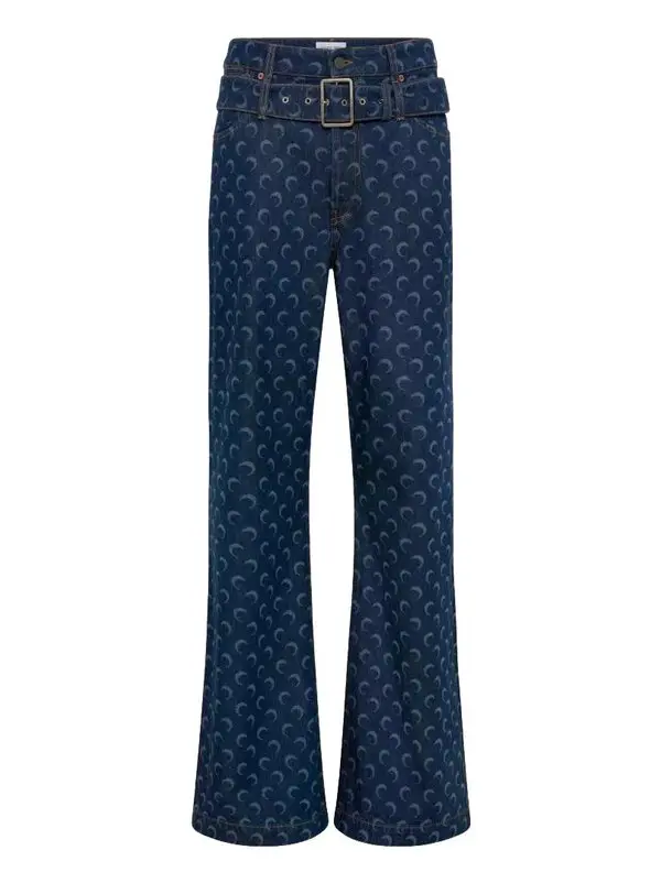 MARINE SERRE Crescent Moon-print Belted Jeans - Blue