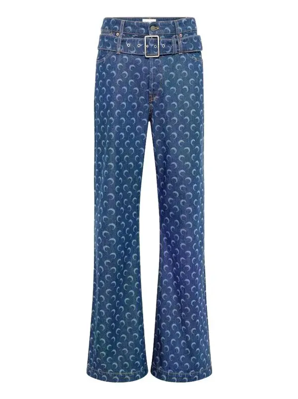 MARINE SERRE Crescent Moon-print Belted Jeans - Blue