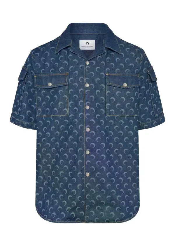 MARINE SERRE Loose Short Sleeve Denim Shirt - Blue