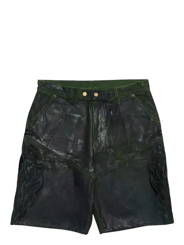 WARREN LOTAS Embroidered Reaper Moto Waxed Denim Shorts - Green