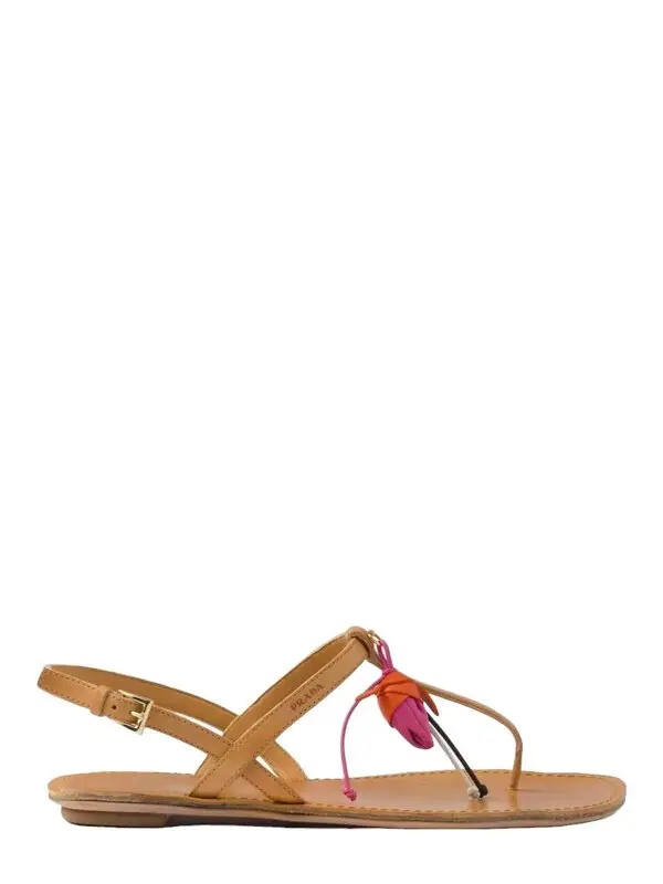 Prada Antiqued Leather Thong Sandals With Floral Ornament - Neutrals