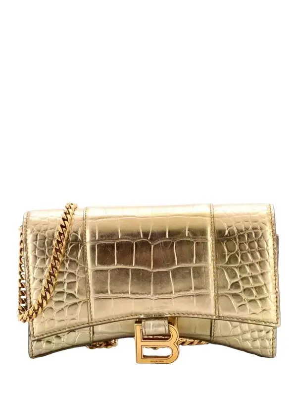 Balenciaga Hourglass Chain Wallet Crocodile Embossed Leather Clutch - Gold
