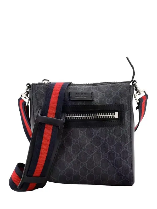 Gucci Web Strap Front Zip Messenger Bag Gg Coated Canvas Small - Black