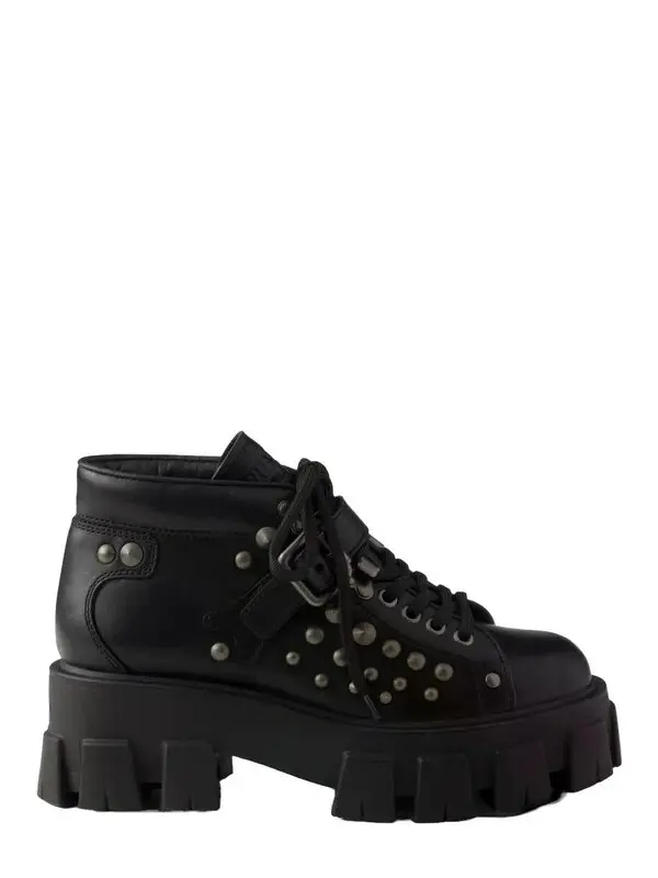 Prada Monolith Studded Leather Booties - Black