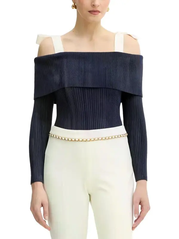 Guess Ribbed Off-the-shoulder Bow Sweater - Blue