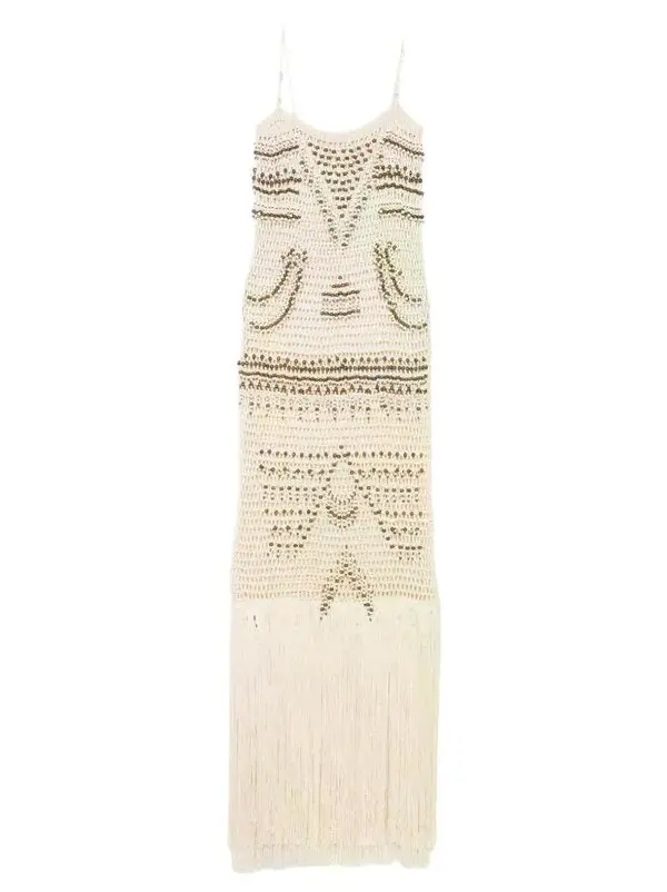 BLESS Takara Bead-embellished Fringed Maxi Dress - Neutrals