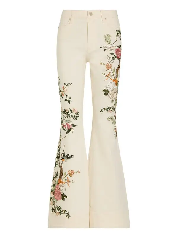 Alice + Olivia Floral Embroidered Flared-leg Jeans - White